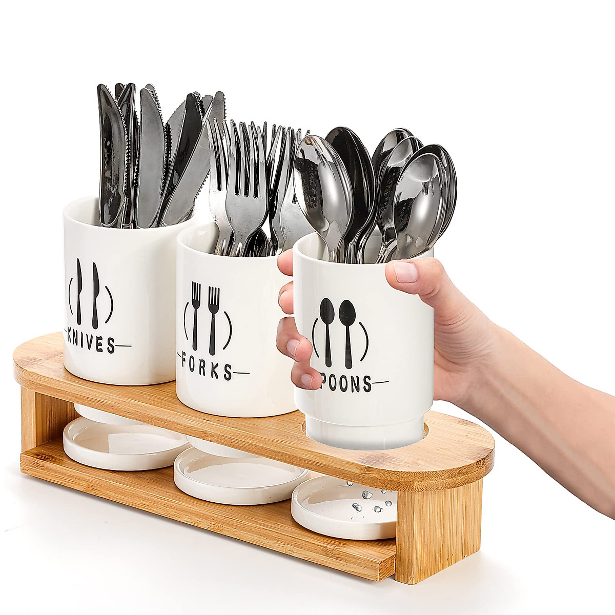 Fasmov Flatware Holder, 3 Pack Silverware Caddy with Bamboo Rack, Utensil Holder Ceramic Flatware Caddy White Ceramic Cutlery Organizer for Forks, Spoons, Knives