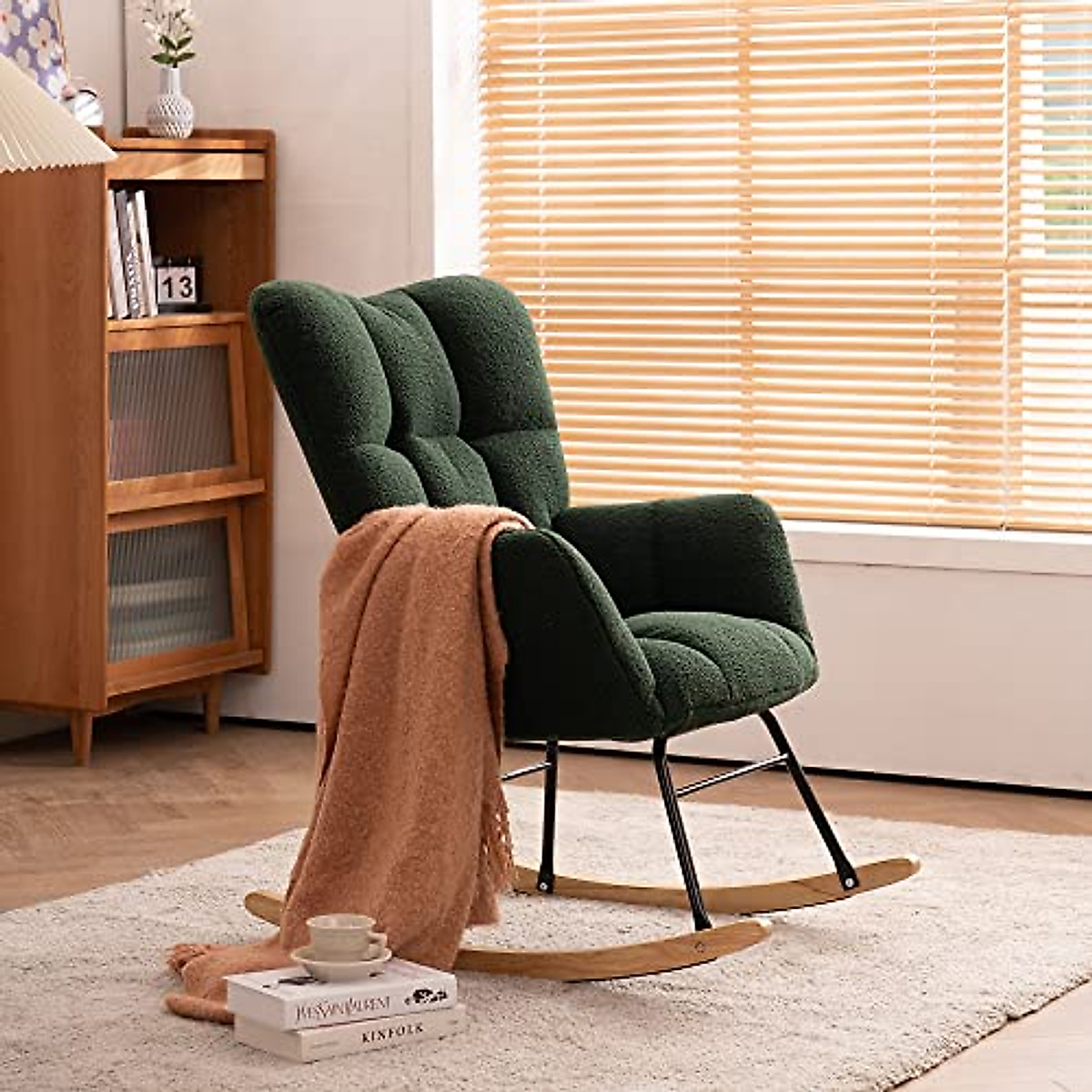 Krinana Teddy Fabric Nursery Rocking Chair, Rocker Armchair with Solid Wood Legs, Glider Chair Nursery with High Backrest for Living Room Apartment (Teddy Fabric,Green)
