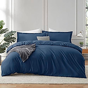 Hearth & Harbor Navy Blue Duvet Cover Queen Size - 3 Piece Queen Duvet Cover Set, Soft Double Brushed Queen Size Duvet Covers with Button Closure, 1 Duvet Cover 90x90 inches and 2 Pillow Shams