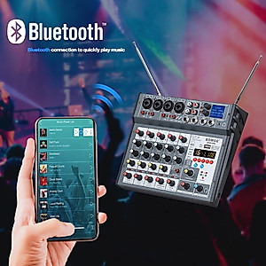 BOMGE 6 channel Audio DJ Console Mixer with Dua UHF Wireless Microphone,USB, Bluetooth, 48V phantom,16 Echo/Delay for Home Studio Recording DJ Network Live Karaoke PC Guitar