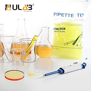 ULAB Single Channel Pipettor with Pipette Tips Offered, 1pc of Adjustable Volume Micro Pipette with Vol.Range.20-200μl, 1000pcs of Vol.200μl Pipette Tips in Yellow Color, ULH1020