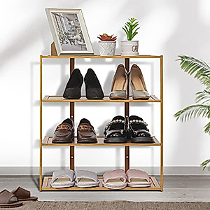 MoNiBloom Bamboo 4 Tier Shoe Rack Vertical Shoe Storage Sheld Stand Space Saving Shoe Organizer for 11-15 Pairs Small Spaces Corner Bedroom Living Room, Brown