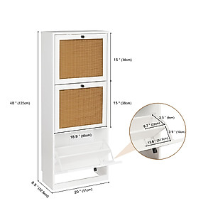 Anmytek Rattan Shoe Cabinet, Entryway Cabinet Wooden Shoe Rack with 3 Flip Drawers, 3-Tier Shoe Storage Cabinet for Entryway Hallway, White S0003