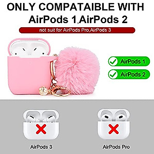 Pink Case for Women Cute Case Designed for AirPods Cover with Pom pom, Silicone Protective Keychain Case Compatible with AirPods 1/2, Accessories Keychain and Pom pom(Pink)