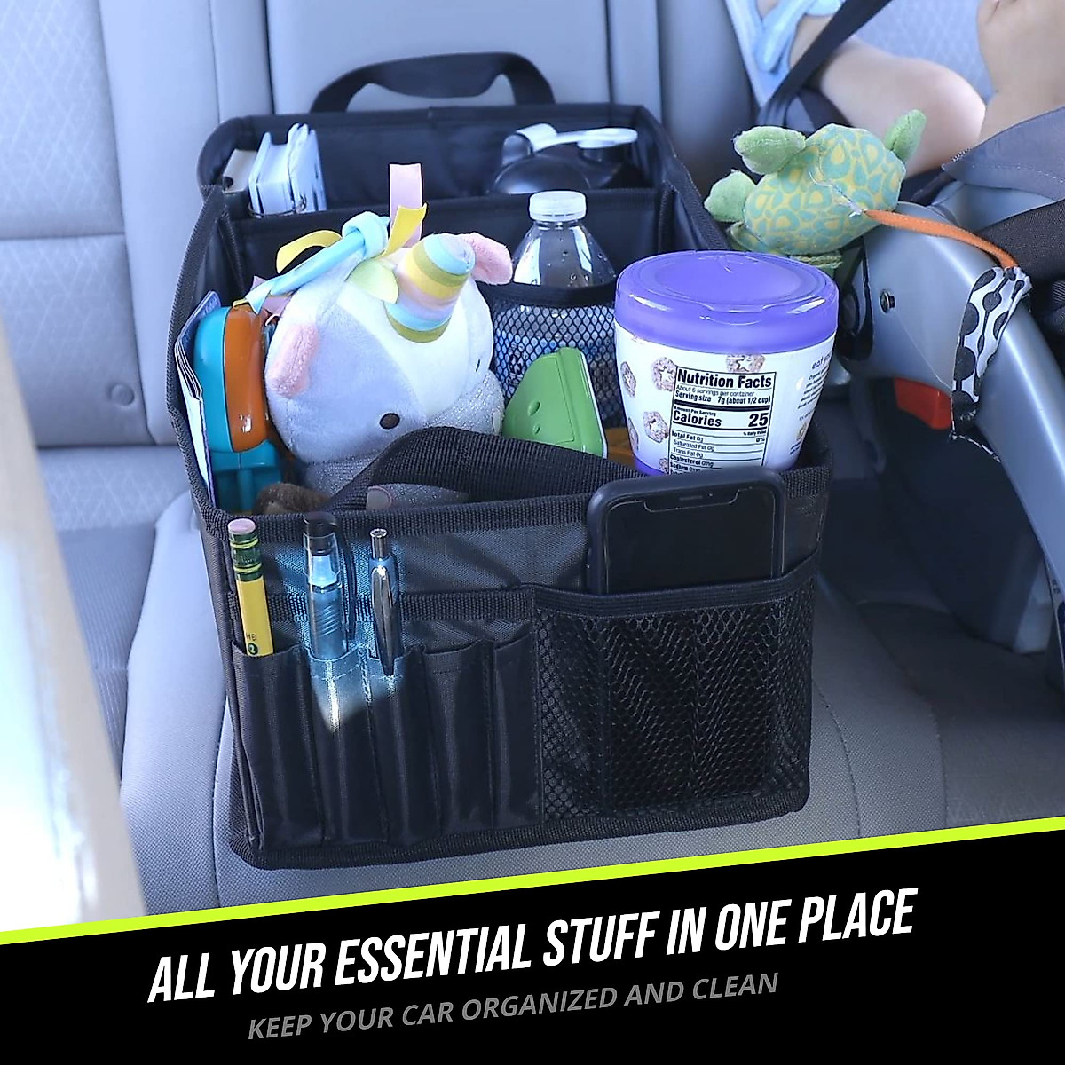 Sunferno Foldable Car Seat Organizer for Front, Back Seat & Trunk - Store Your Baby Supplies, Kids Toys, Car Cleaning Supplies, Work Tools in the 12 Storage Compartments - Passenger Seat Organizer