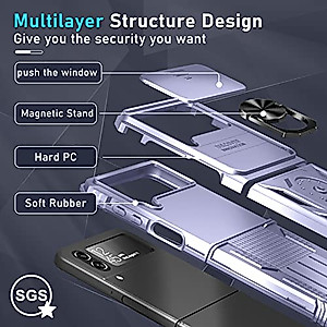 Janmitta Samsung Galaxy Z Flip 4 Case Built in Slide Camera Lens Cover+Hinge Protection+Finger Ring Stable Kickstand, Heavy Duty Shockproof Full Body Protective Phone Cover,2022 Girly Purple