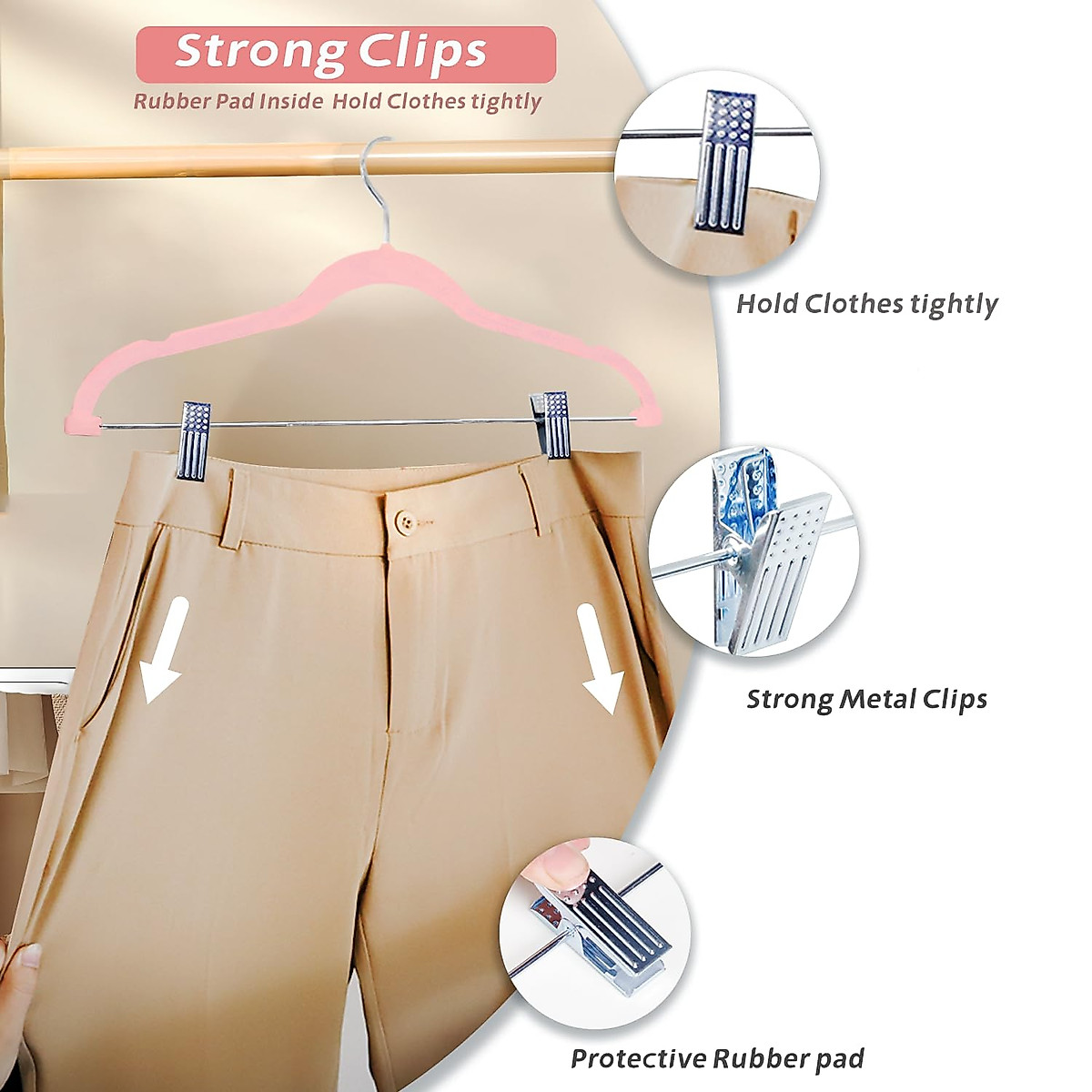 ManGotree Trouser Hangers with Movable Clips, Non-Slip Velvet Clothes Hangers, Space-Saving Skirt Hangers for Shirts, Pants, Dresses, Skirts, Coats (18 Pack, Pink)