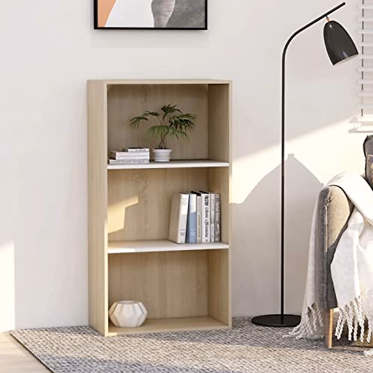CIADAZ 3-Tier Book Cabinet 3 Tier Shelf Organizer Bedroom Storage and Organization Corner Book Shelf Office Open Bookshelf White and Sonoma Oak 23.6"x11.8"x44.9" Engineered Wood
