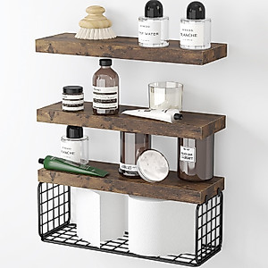 Fixwal Bathroom Floating Shelves, 3+1 Tier 15.7in Rustic Wood Wall Shelf Over Toilet with Invisible Brackets, Farmhouse Wall Decor (Rustic Brown)