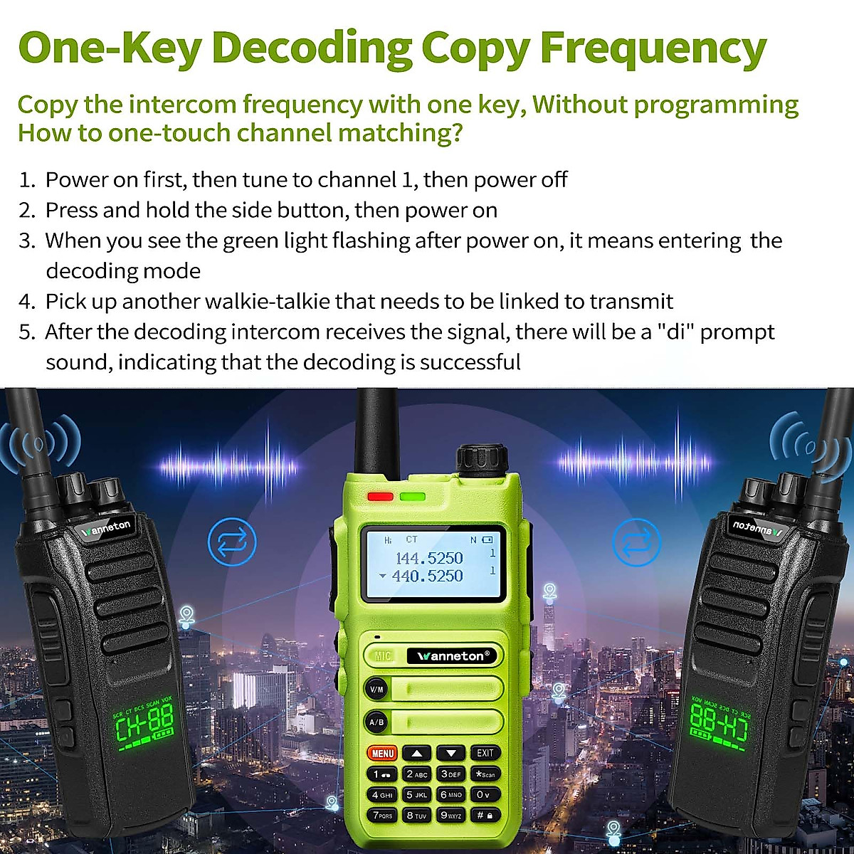 Wanneton UV5F ham Radio Handheld Dual Band Two Way Radio Rechargeable Walkie Talkies with One-Key decoding Copy Frequency and Super Bright Flashlight and Large Battery