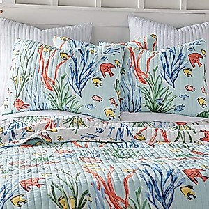 Levtex Home - Sancti Petri Quilt Set -Twin/Twin XL Quilt + One Standard Pillow Sham - Coastal - Yellow Blue Green Coral - Quilt Size (68x86in.) and Pillow Sham Size (26x20in.) - Reversible - Cotton