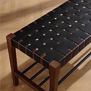 Janoray Solid Wood Bench, Modern 45" Long Dining Bench with Faux Leather Woven Strips & Metal Shelf Comfy Seat for Entryway/Dning Room/Bedroom, Black