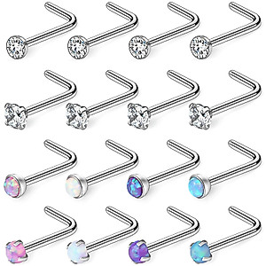 Ruifan 18G 316L Surgical Steel 1.5mm Mix Color Jeweled Opal & Clear CZ Nose L-Shaped Rings Studs Ring Body Piercing Jewelry 16PCS