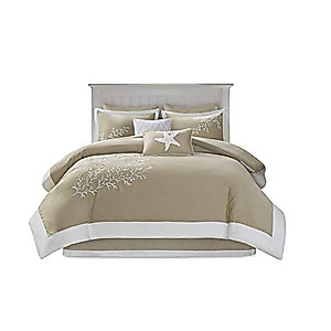 Harbor House Cotton Comforter Set-Coastal Oceanic Sealife Design All Season Down Alternative Bedding with Matching Shams, Bedskirt, Queen(92"x96"), Coastline, Coral Khaki, 6 Piece