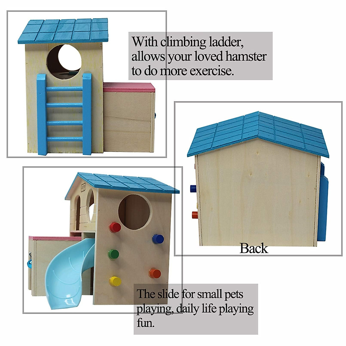 kathson Hamster House Pets Small Animal Hideout with Funny Climbing Ladder Slide Wooden Hut Play Toys Chews for Small Animals Like Dwarf Hamster and Mouse(Blue)