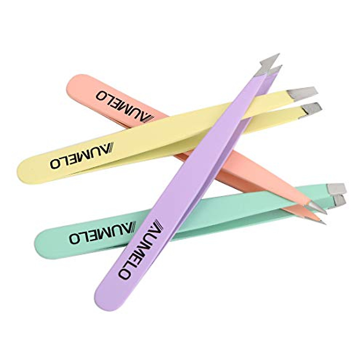 Tweezers Set 4-Piece Professional Stainless Steel Tweezers with Leather Travel Case by AUMELO - Precision Eyebrow and Splinter Ingrown Hair Removal Tweezer - MultiColor