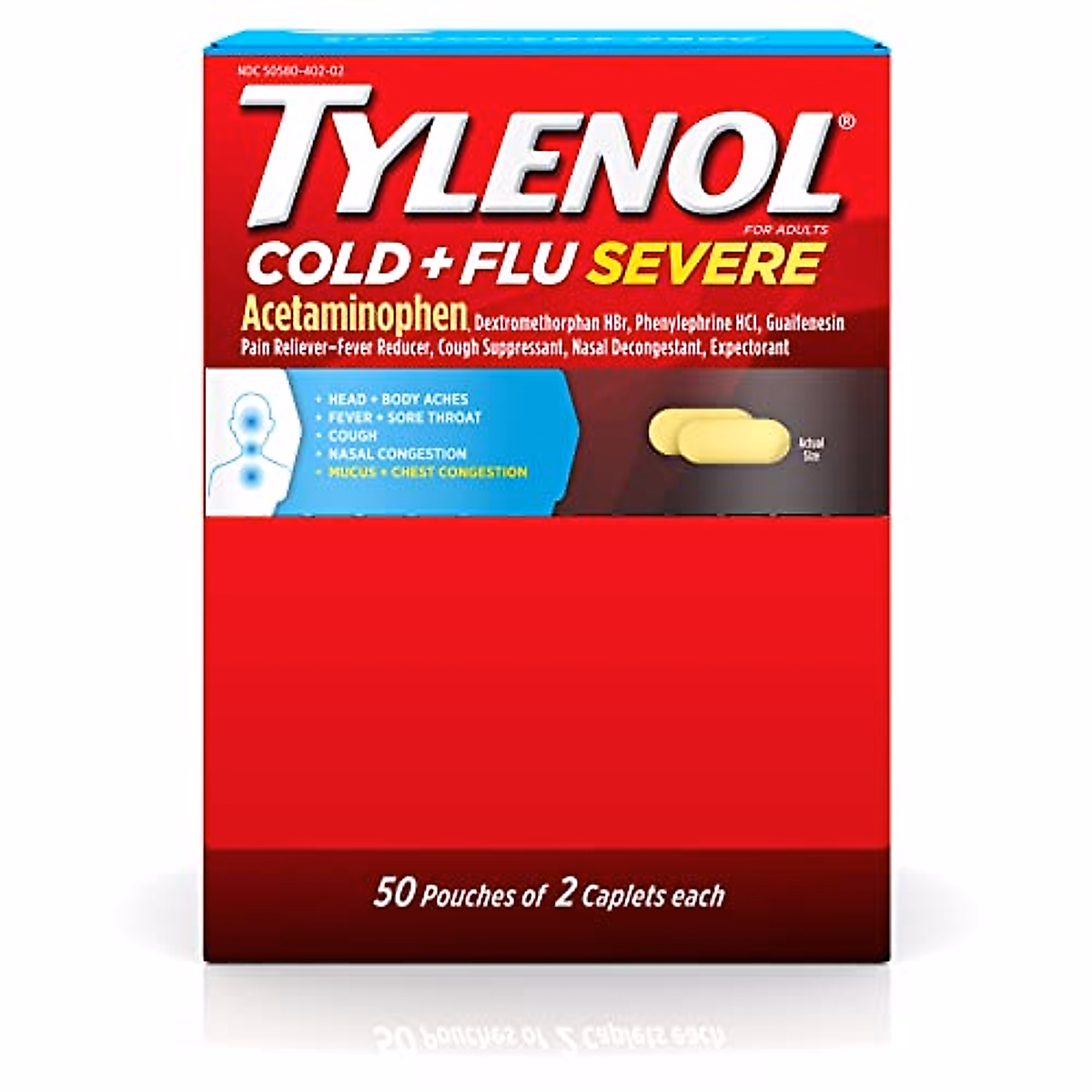 Tylenol Cold Flu Severe 50 packs of 2 Caplets in Each pack, Dispenser Pouch Box