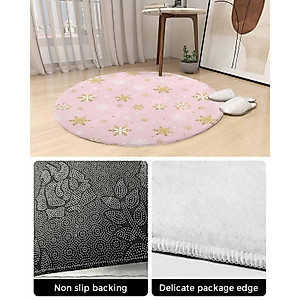 Blush Pink Snowflake Fluffy Round Area Rug Carpets 3.3ft, Plush Shaggy Carpet Soft Circular Rugs, Non-Slip Fuzzy Accent Floor Mat for Living Room Bedroom Nursery Merry Christmas Romantic Gold White