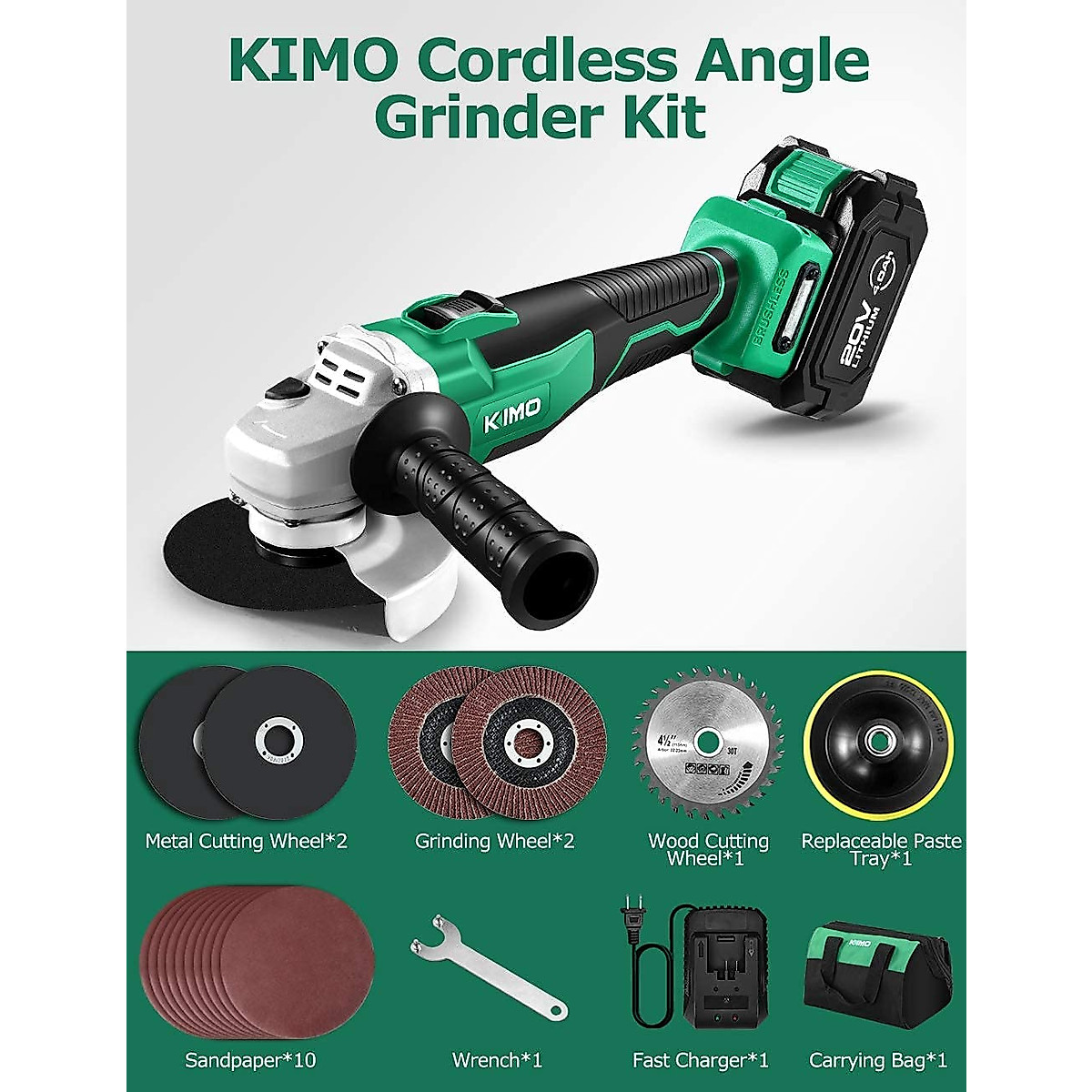 KIMO Cordless Grinder 20V Cordless Angle Grinder w/ 4.0Ah Li-Ion Battery & Charger, 9000RPM Brushless Motor, 4-1/2'' Blade, Electric Brake, 2-Position Handle, Battery Grinder Tool for Metal Wood