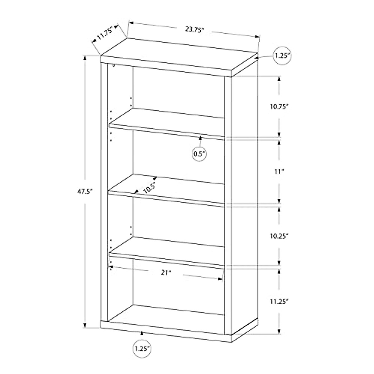Monarch Specialties 7059 Bookshelf, Bookcase, Etagere, 5 Tier, H, Office, Bedroom, Laminate, White, Contemporary, Modern Bookcase-48 H Adjustable Shelves, 48-Inch