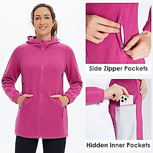 baleaf Women's Fleece Jacket Long Zip Up Hoodie Lightweight Thermal Sweater Coat for Hiking Travel Rouge Pink XL