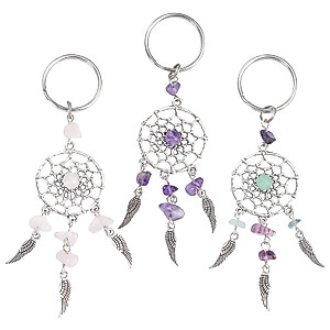 PH PandaHall 12pcs Dream Catcher Keychain, 3 Color Gemstone Crystal Key Chains Natural Chip Feather Key Chain Dreamcatcher Keyring Boho Lucky Decor for Easter Car Bag Home Hanging Ornaments Pendant