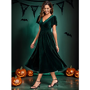 Ever-Pretty Women's Short Sleeve V Neck A Line Velvet Midi Dress Bridesmaid Cocktail Party Dresses Deep Green US6