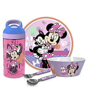 zak! 5-Piece Dinnerware Set, Disney Minnie Mouse - Durable Plastic & Stainless Steel - Includes Water Bottle, 8-Inch Plate, 6-Inch Bowl, Fork & Spoon - Suitable for Kids Ages 3+