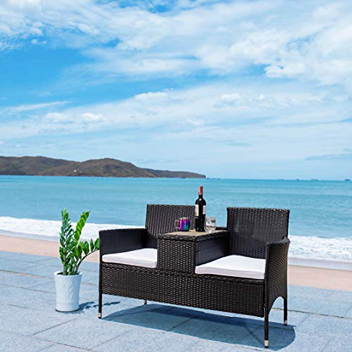 Safavieh Outdoor Collection Viora Wicker Loveseat PAT7710A, Black/White Cushion