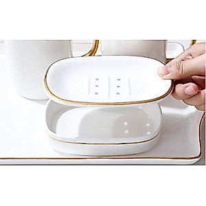 JWZQ Bathroom Accessories Set,6-Piece Ceramic Gift Set,Toothbrush Holder,Mouthwash Cup,Soap Dispenser,Soap Dish,Trash Can,Ceramic/Metal Tray