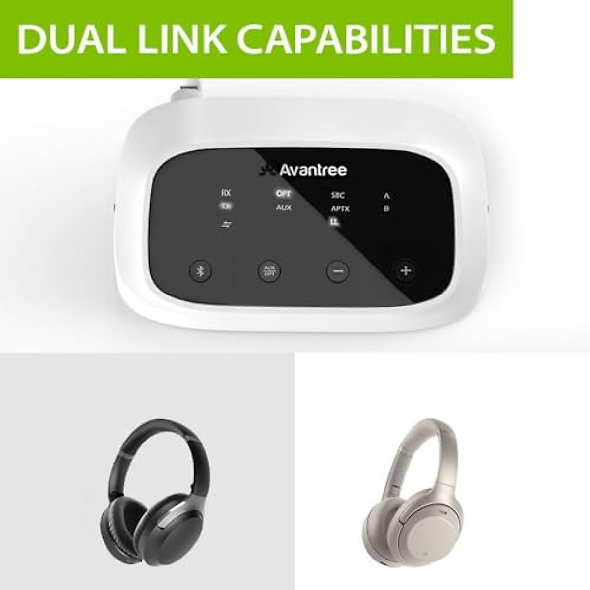 Avantree Oasis B – Bluetooth Transmitter & Receiver for TV with Dual Link Capabilities, Pass-Through Features, and No AudioDelay, Class 1 Long Range, LED Indicator, Optical AUX RCA