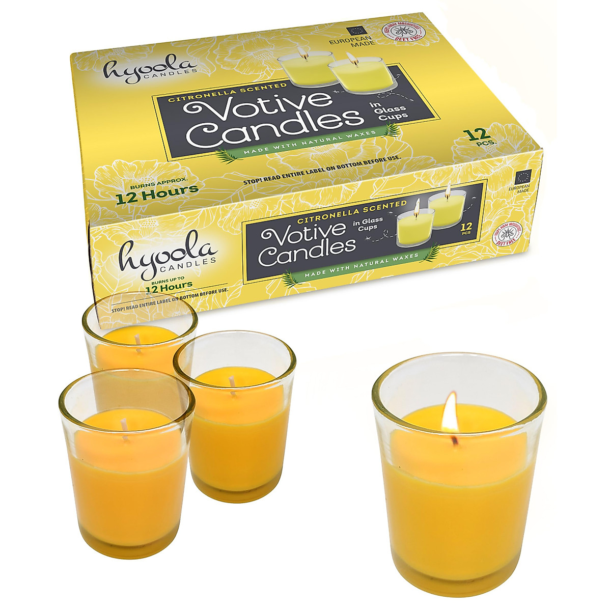 Citronella Candle Votives in Glass Cup - 12 Pack - Indoor and Outdoor Decorative and Mosquito, Insect and Bug Repellent Candle - Natural Fresh Scent - 12 Hour Burn Time - Made in Europe