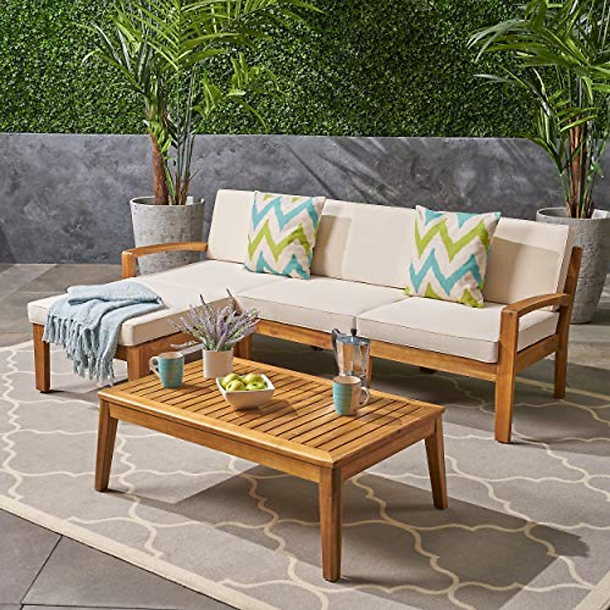 Christopher Knight Home Grenada Sectional Sofa Set | 5-Piece 3-Seater | Includes Coffee Table and Ottoman | Acacia Wood Frame | Water-Resistant Cushions | Teak and Beige, Finish