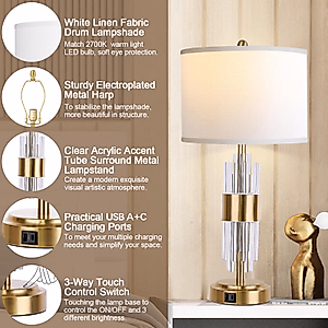 QiMH Table Lamp for Living Room with USB A+C Ports, Gold Bedside Lamps for Bedrooms Set of 2 with Touch Control, Modern Nightstand Lamp White Lamp Shade Home Office Decor (2700K LED Bulb Included)