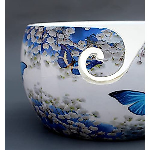 Handmade Wooden Yarn Bowl Crocheting Bowl Round Knitting Wool Storage Yarn Bowl Handmade with Holes with Crochet Hooks for Crocheting Knitting DIY Crafts Tools (Butterfly)