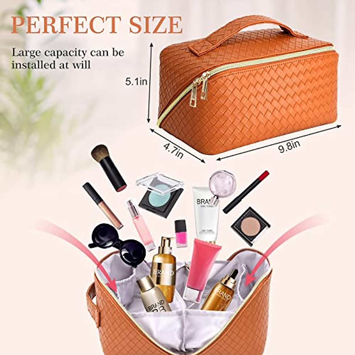 ZAUKNYA Large Capacity Travel Cosmetic Bag - Makeup Bag, Portable Leather Waterproof Women Organizer, with Handle and Divider Flat Lay Bags (Brown)