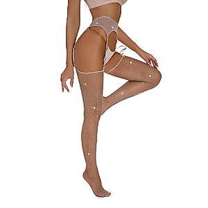 Lidogirl Women's Rhinestone Garter Belt with Fishnet Stockings Skin