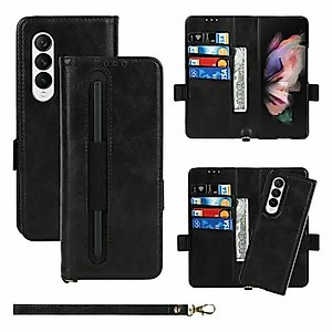 EAXER for Samsung Galaxy Z Fold 3 5G Luxury Leather Wallet Case Cover with S Pen Slot PU Leather Flip Folio Case with Card Slots RFID Blocking Kickstand Phone Cover for Z Fold3 5G (2021) - Black