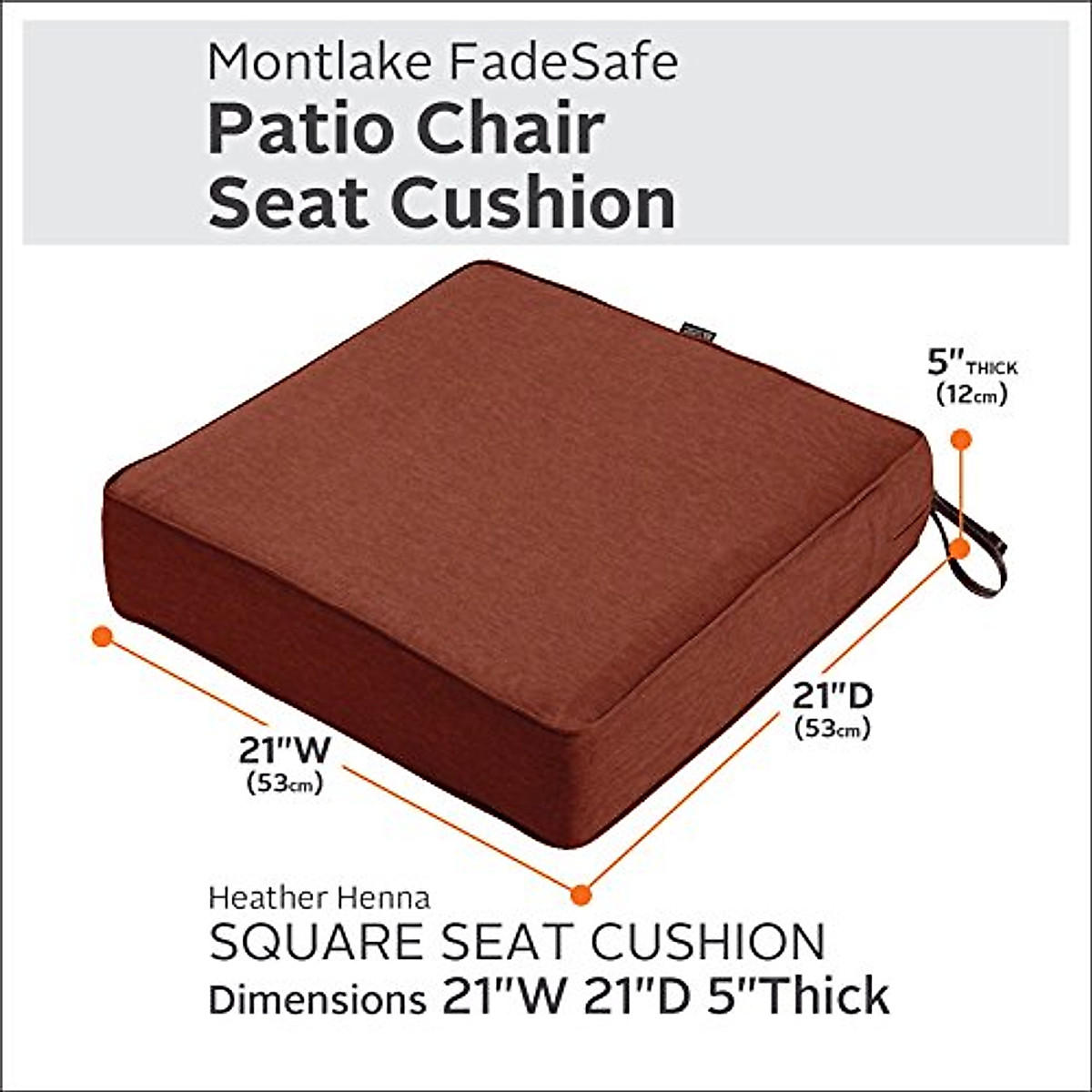 Classic Accessories Montlake FadeSafe Water-Resistant 21 x 21 x 5 Inch Square Outdoor Seat Cushion, Patio Furniture Chair Cushion, Heather Henna Red