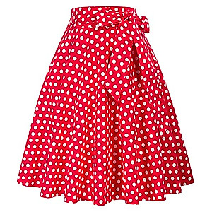 Women's 1950s Retro High Waisted A-Line Midi Skirt Red Polka Dot Weekend Skirt XL