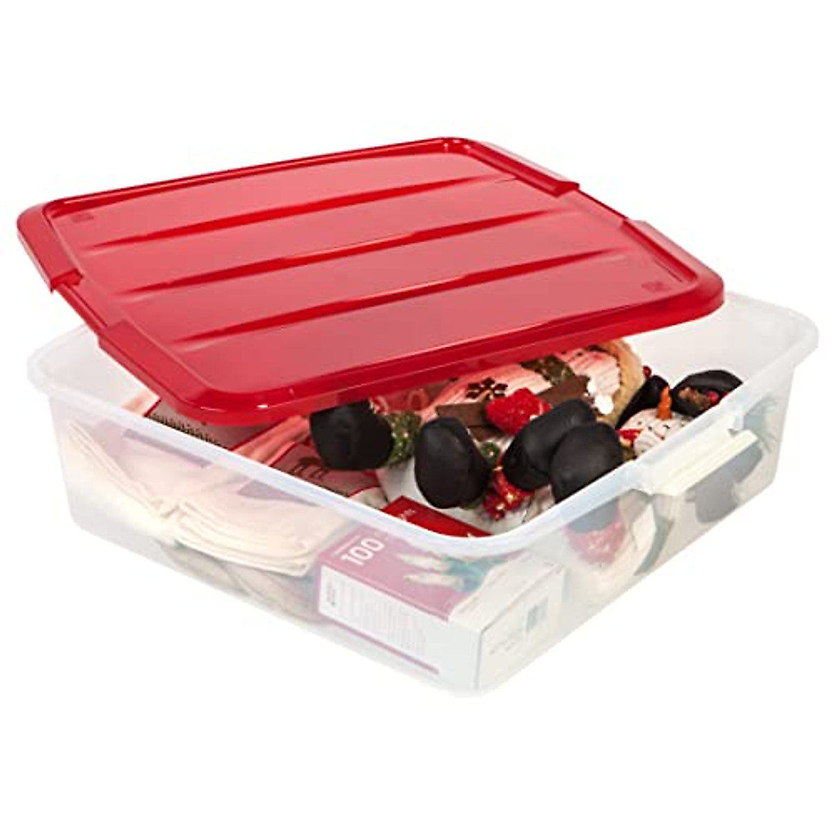 IRIS USA 33 Qt. Holiday Wreath Storage Container Box with Lid, 3-pack, Stackable Under Bed Storage Organizer Bin with Latching Buckles for 20" Wreaths Festive Holiday Decorations Garlands, Clear/Red