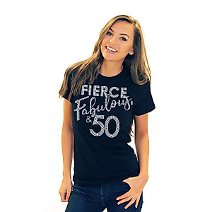 50th Birthday Tshirt for Women - Real Crystal Rhinestone Glam Fierce Fabulous & 50 50th Birthday T-Shirt - Plus Size Birthday Shirt - 2XL - Black Tee(GlmFF50 RS) blk/2xl