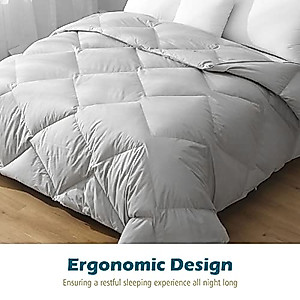 Cobnom Organic Feathers Down Comforter Queen Size, All Season Feathers Down Duvet Insert, Soft 100% Cotton Covered Bed Comforter Insert with Ties, Light Grey, 90x90