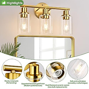 3-Light Gold Bathroom Light Fixtures, Modern Bathroom Vanity Light with Clear Glass Shade, Brushed Gold Bath Wall Mount Lights, Wall Lamp for Mirror Kitchen Bedroom Hallway Living Room Hallway