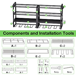 Sixfivsevn Power Tool Organizer, 8 Drill Holder Wall Mount, 4 Layers Garage Tool Organizers and Storage Rack, Heavy Duty Metal Tool Shelf with Hooks/Screwdriver Holder/Plier Holder/Hammer Holder