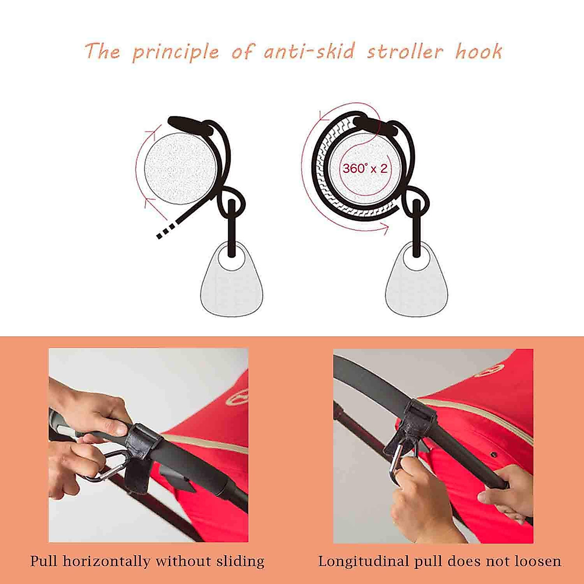 Julont Stroller Hooks-2 Pack of Baby Stroller Organizer Non-Slip Adjustable Multi-Purpose Hooks, Hanger Clips for Diaper Bags, Groceries, Purse