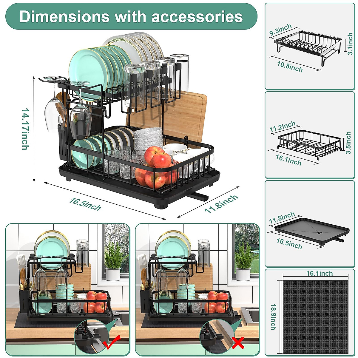 SouAny 2 Tier Dish Drying Rack with Drainboard, Large Dish Organizer and Strainer Set for Kitchen Counter with Mat, Wine Glass Holder and Utensil Holder
