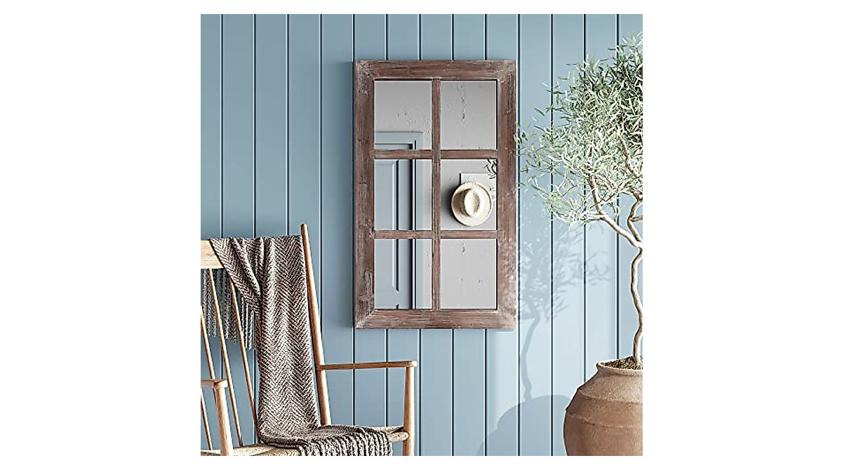 24x40 Farmhouse Windowpane Wood Wall Mirror | Rustic Decor