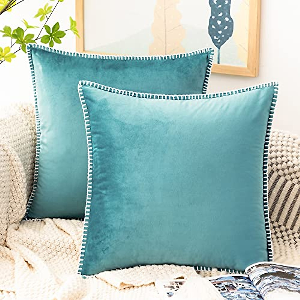 GAWAMAY Teal 16x16 Fall Pillow Covers,Set of 2 Decorative Cushion Pillow Cases with Chenille Edge Soft Boho Decor Aesthetic Pillows for Living Room Sofa Couch Beding Green Velvet Euro Pillow (40x40cm)