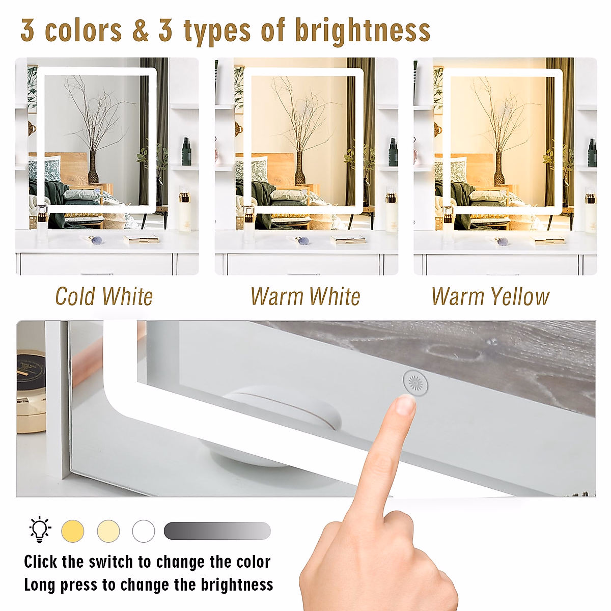 Caulitar Vanity Desk with Mirror and Lights-3 Color and Brightness Adjustable, Vanity Set with Drawers and Chair, White Makeup Vanity Table for Girls